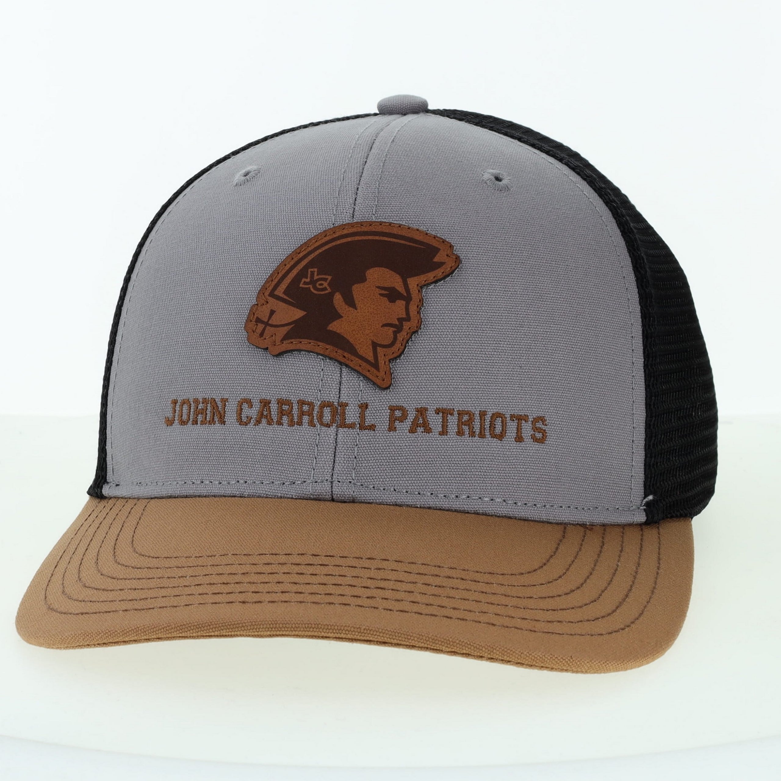 Legacy Trucker Grey/Camel Leather Patriot Hat | Patriots’ Corner at The John Carroll School